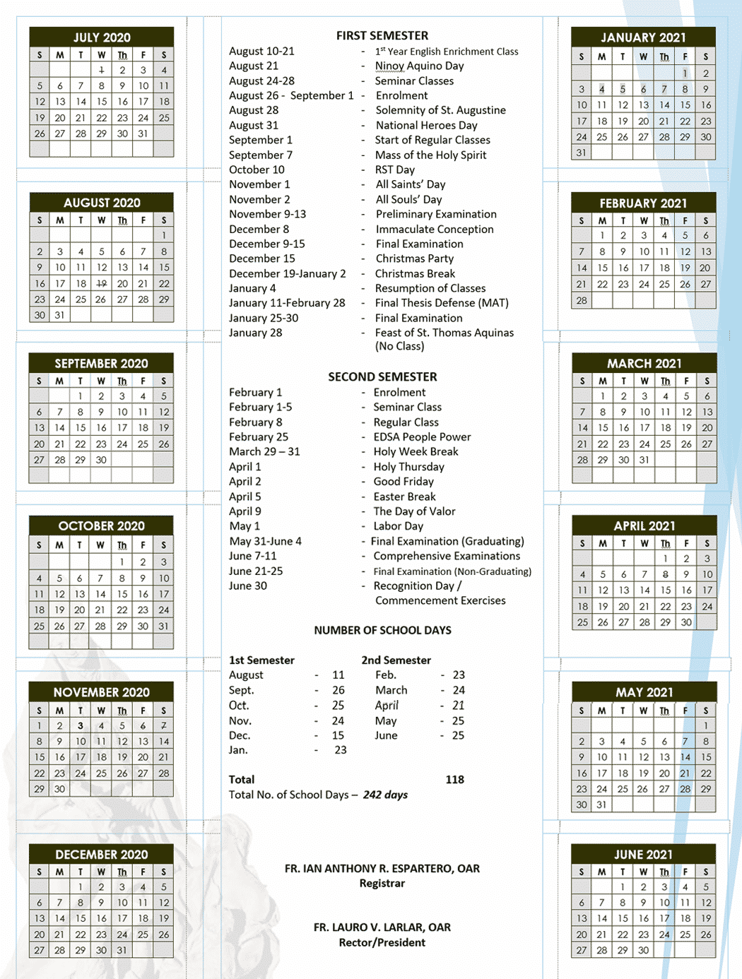 School Calendar - Recoletos School of Theology